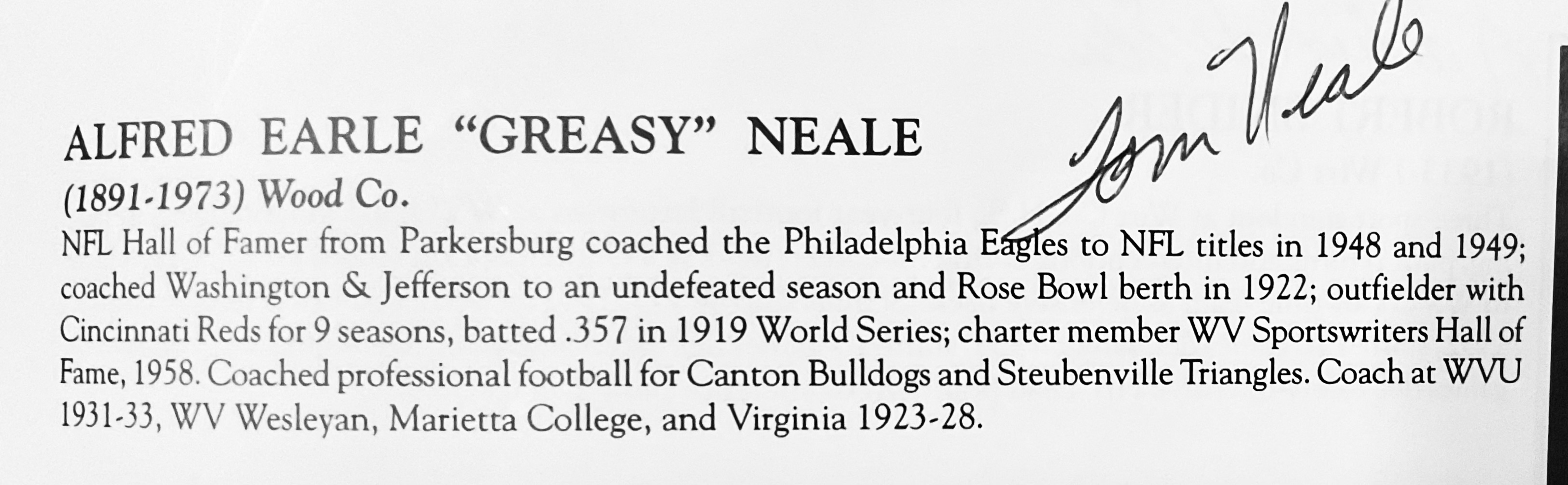 Alfred Earle ”Greasy Neale – Class of 1998 – Mid-Ohio Valley Sports ...