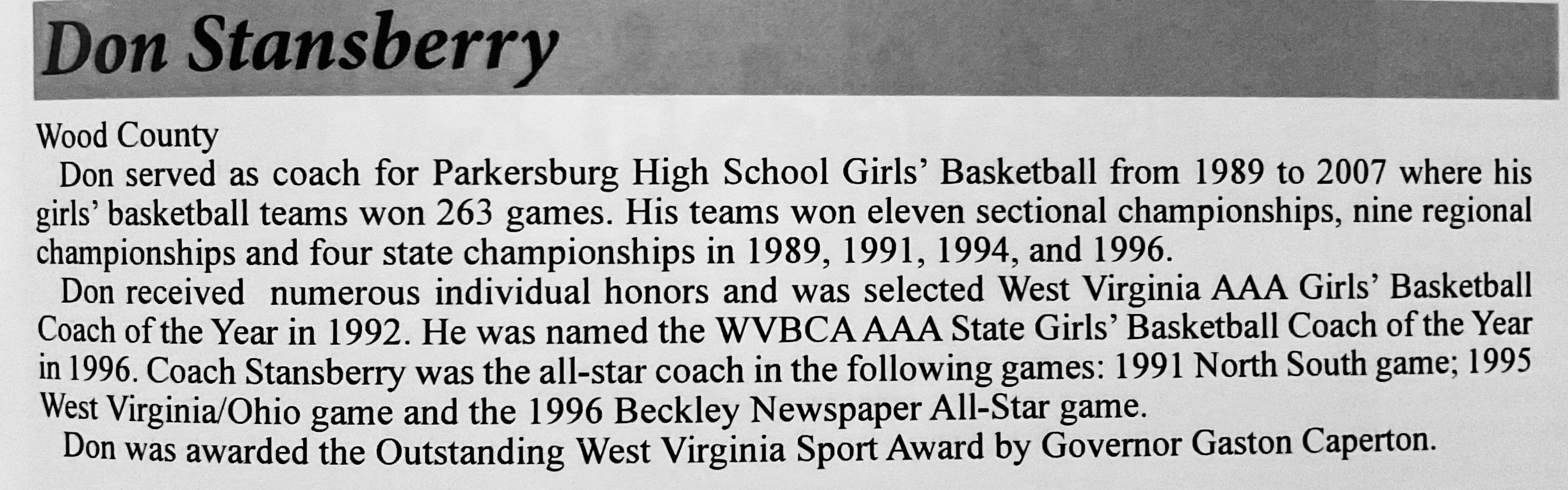 Don Stansberry – Class of 2013 – Mid-Ohio Valley Sports Hall of Fame