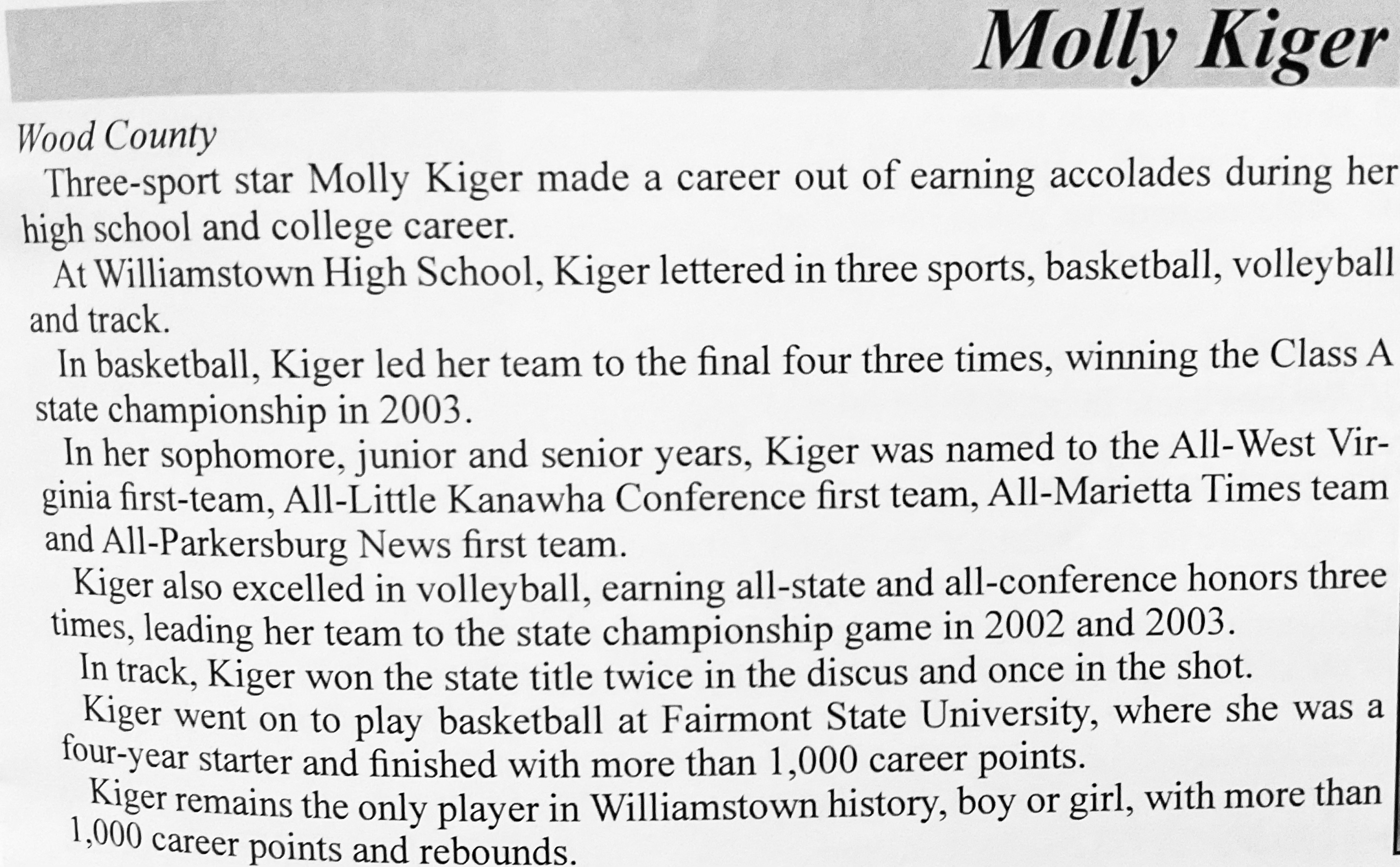 Molly Kiger – Class of 2017 – Mid-Ohio Valley Sports Hall of Fame